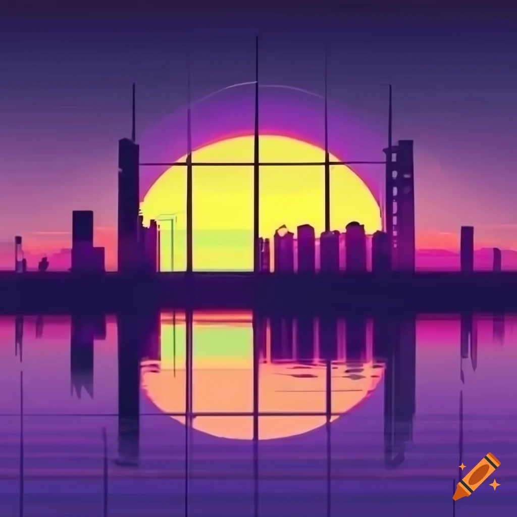 Detailed black and white vector illustration of a synthwave sunset ...
