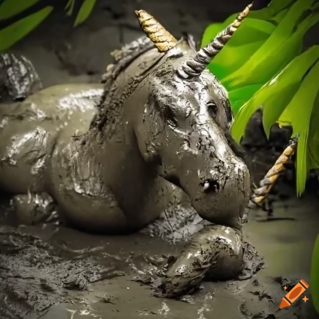 Unicorn enjoying a mud spa in the jungle on Craiyon