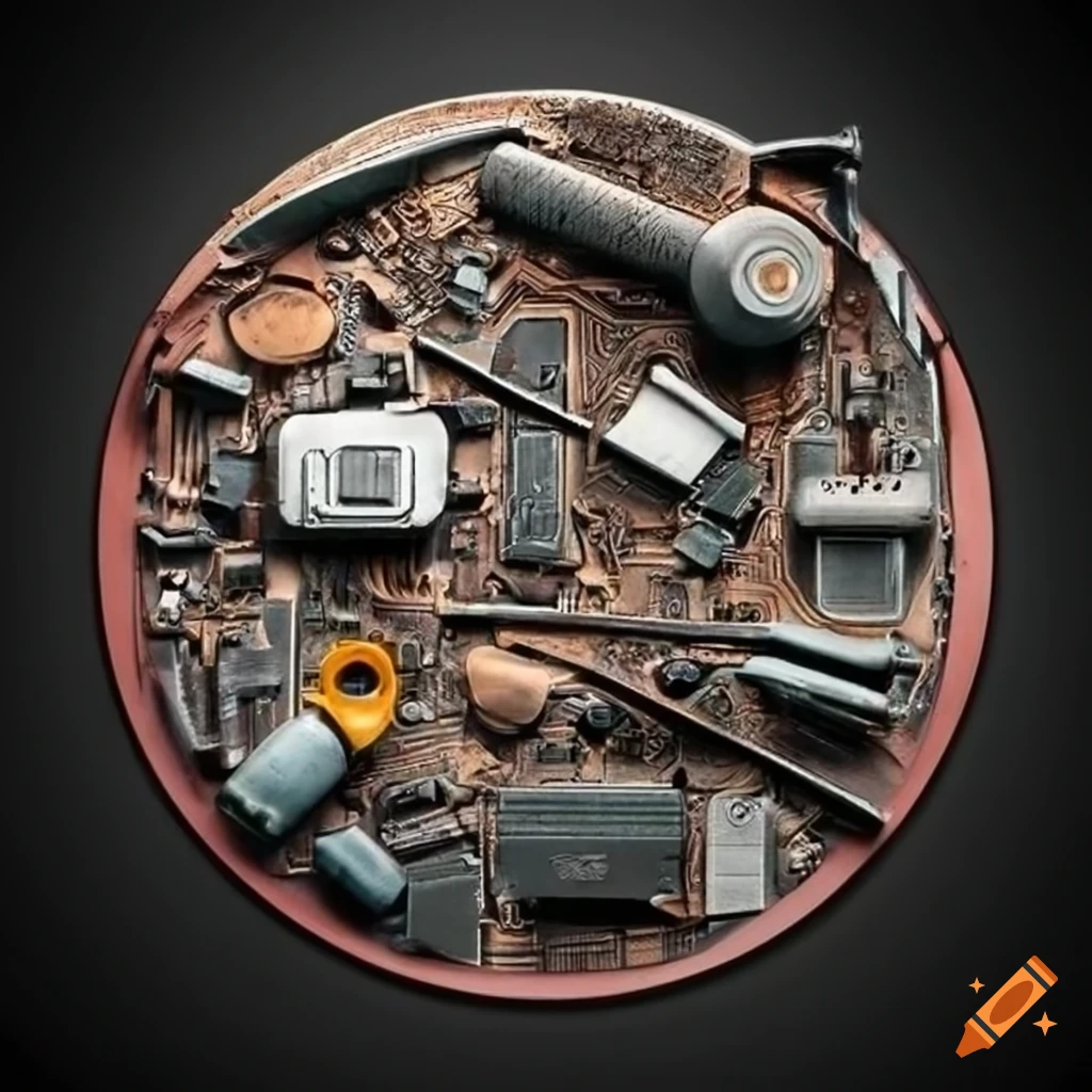 Bas relief of disassociated industrial tools and electronics on Craiyon