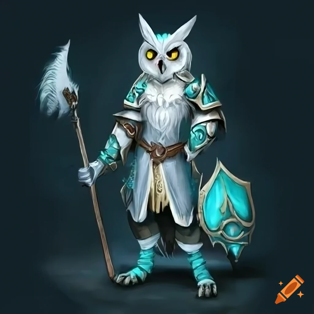 Anthropomorphic owl in teal armor, detailed fantasy cleric outfit on ...