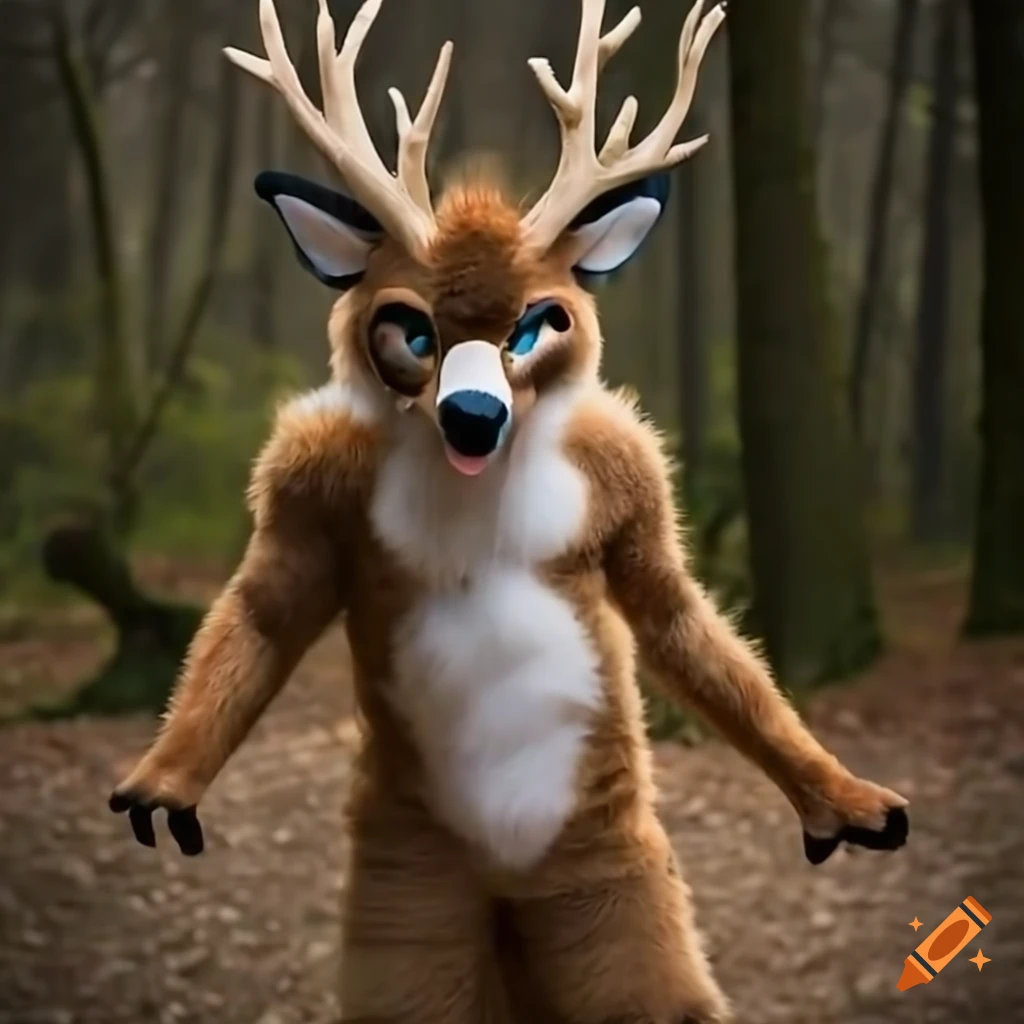 Man wearing realistic deer fursuit in the woods on Craiyon