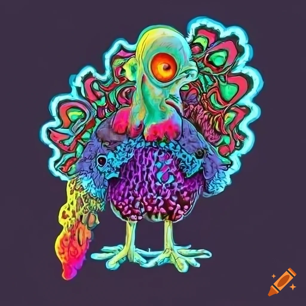 Psychedelic cartoon illustration of a zombie turkey with vibrant ...