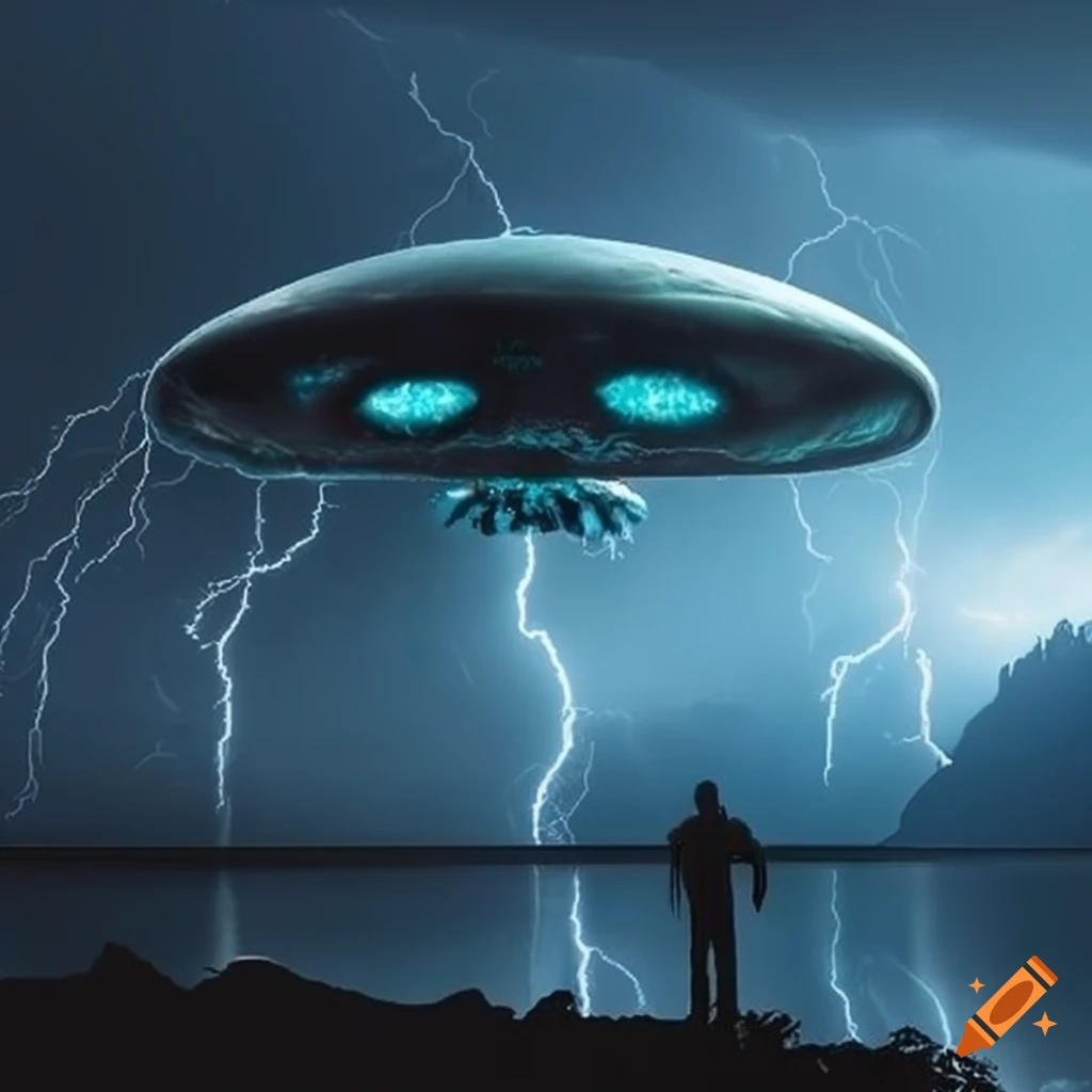 Alien ufo in a lightning storm on Craiyon