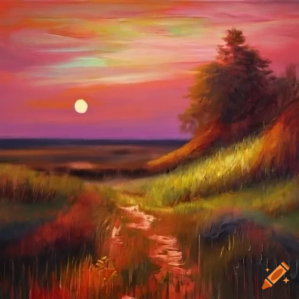 Detailed grassy medieval landscape with reddish hue dusk sky in an oil ...