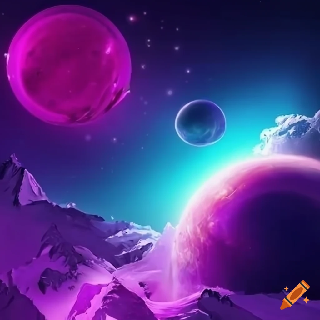 Funky dancing in a futuristic outer space with pink, purple, and blue colors, planets, stars ...