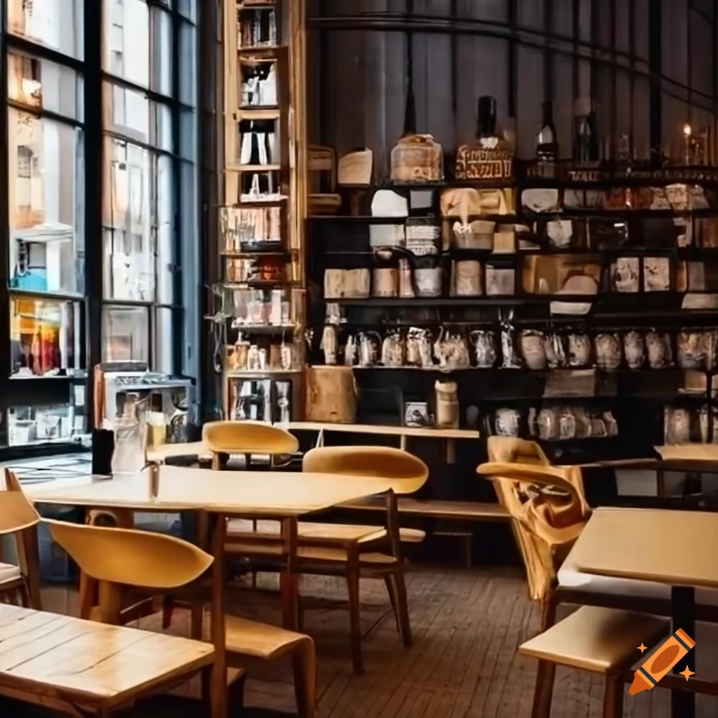 Modern cozy cafe in Berlin with big windows and many tables on Craiyon