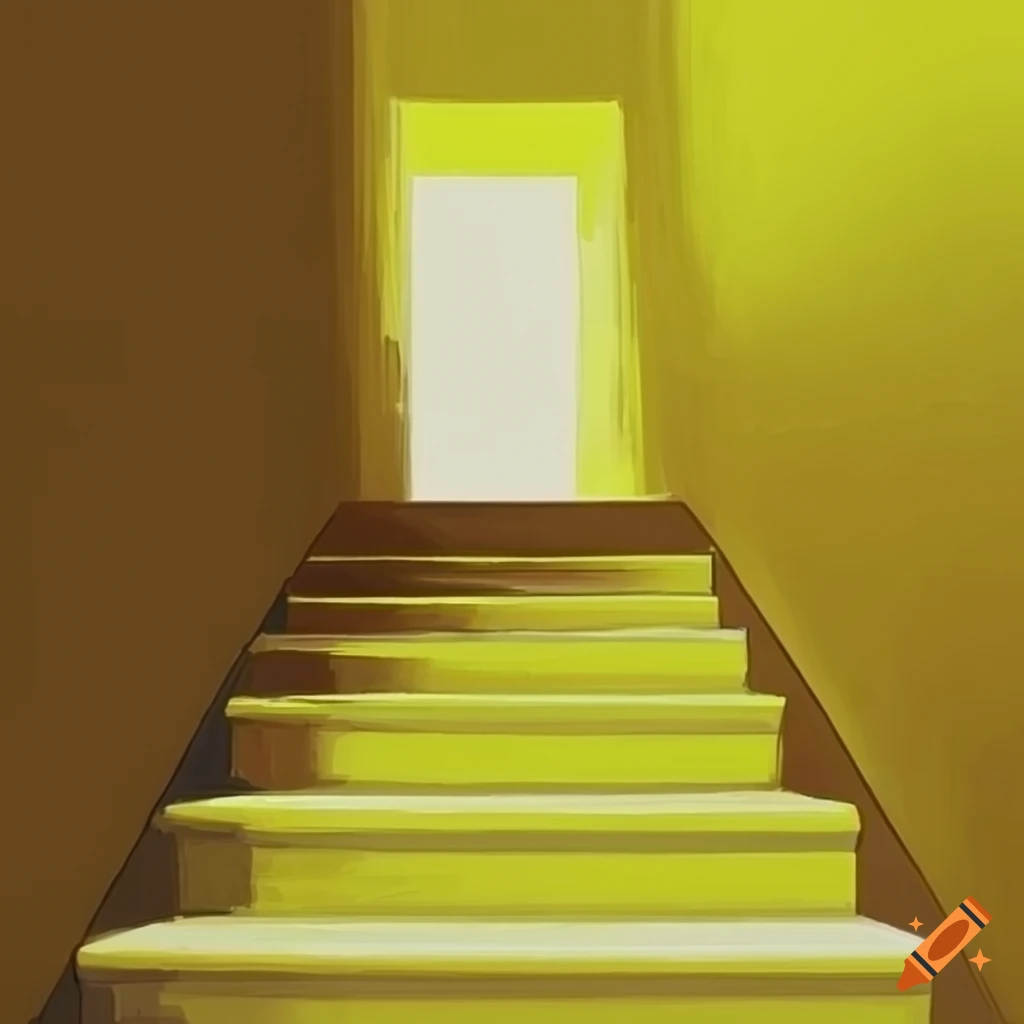 Monochromatic painting of the backrooms with stairs in mono yellow on ...