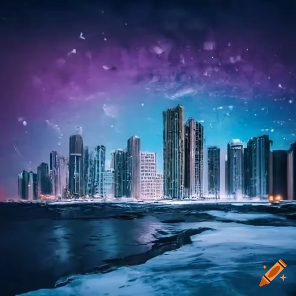 Post-apocalyptic Miami city frozen in ice during a snowstorm on Craiyon