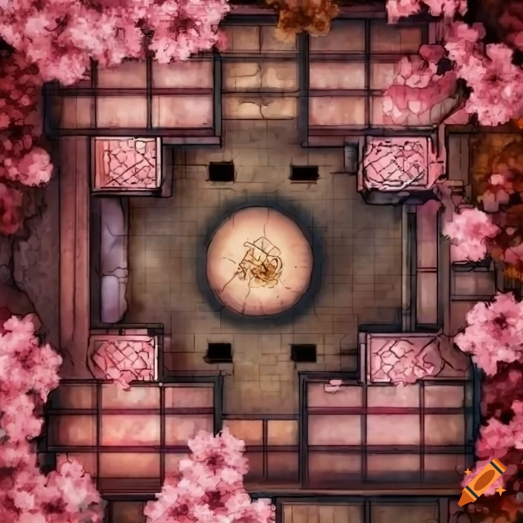 Japanese temple and cherry tree in a spring landscape from above on Craiyon