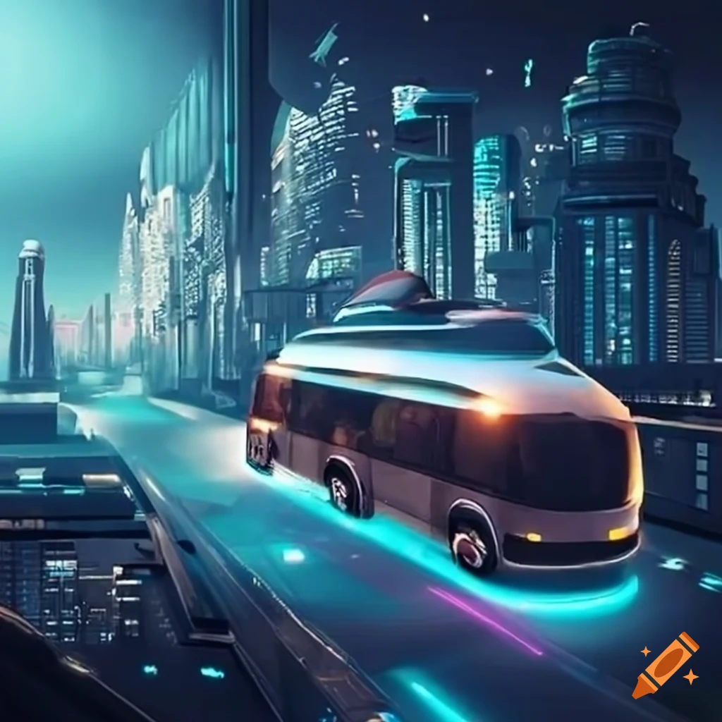 Space bus traveling through a futuristic city on Craiyon