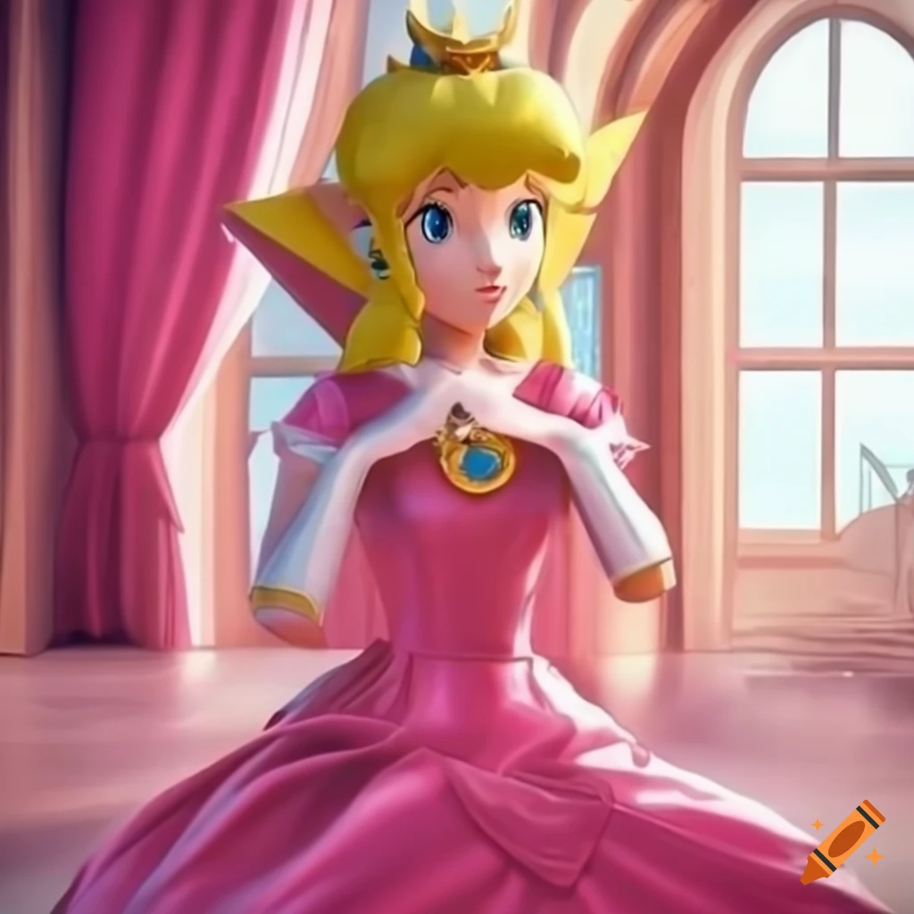 Link dressed as princess peach in a pink silk ballgown reading a book ...