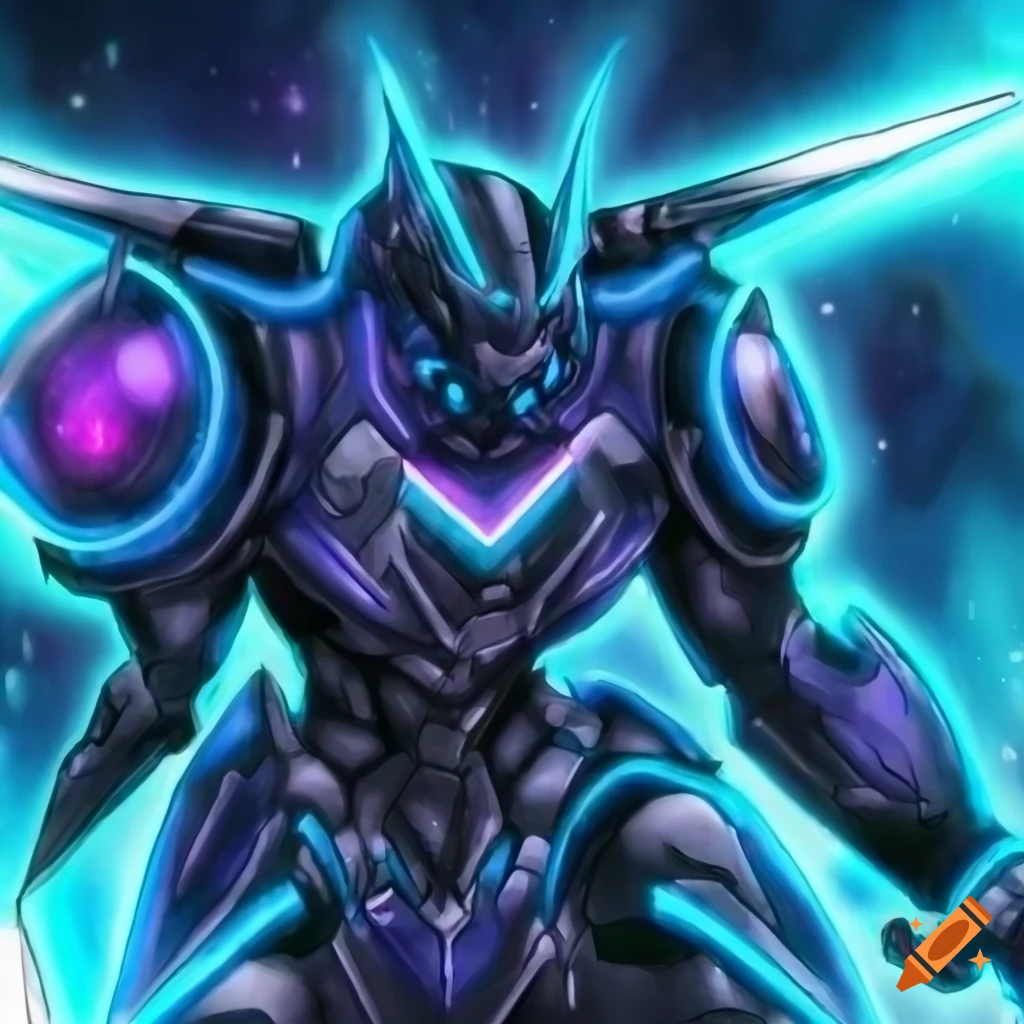 Yugioh card art of a cyborg blue neon warrior on Craiyon