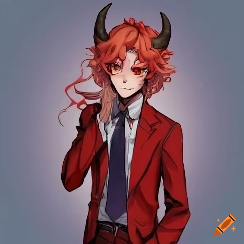 Tall demon with red hair and eyes, wearing a red suit and tie, holding ...