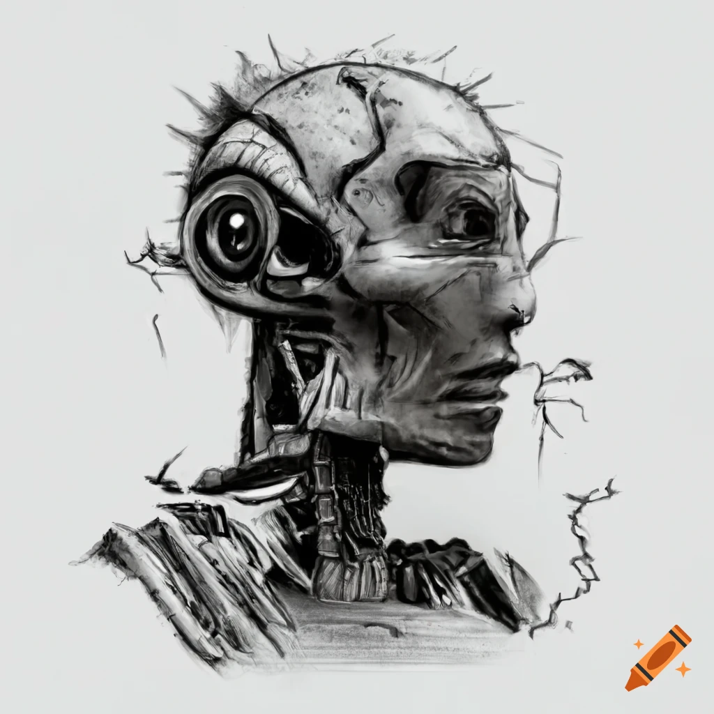 Dystopian broken robot charcoal illustration on white background on Craiyon