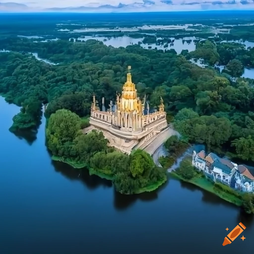 Aerial view of a majestic sacred religious landmark by the river in 4k ...