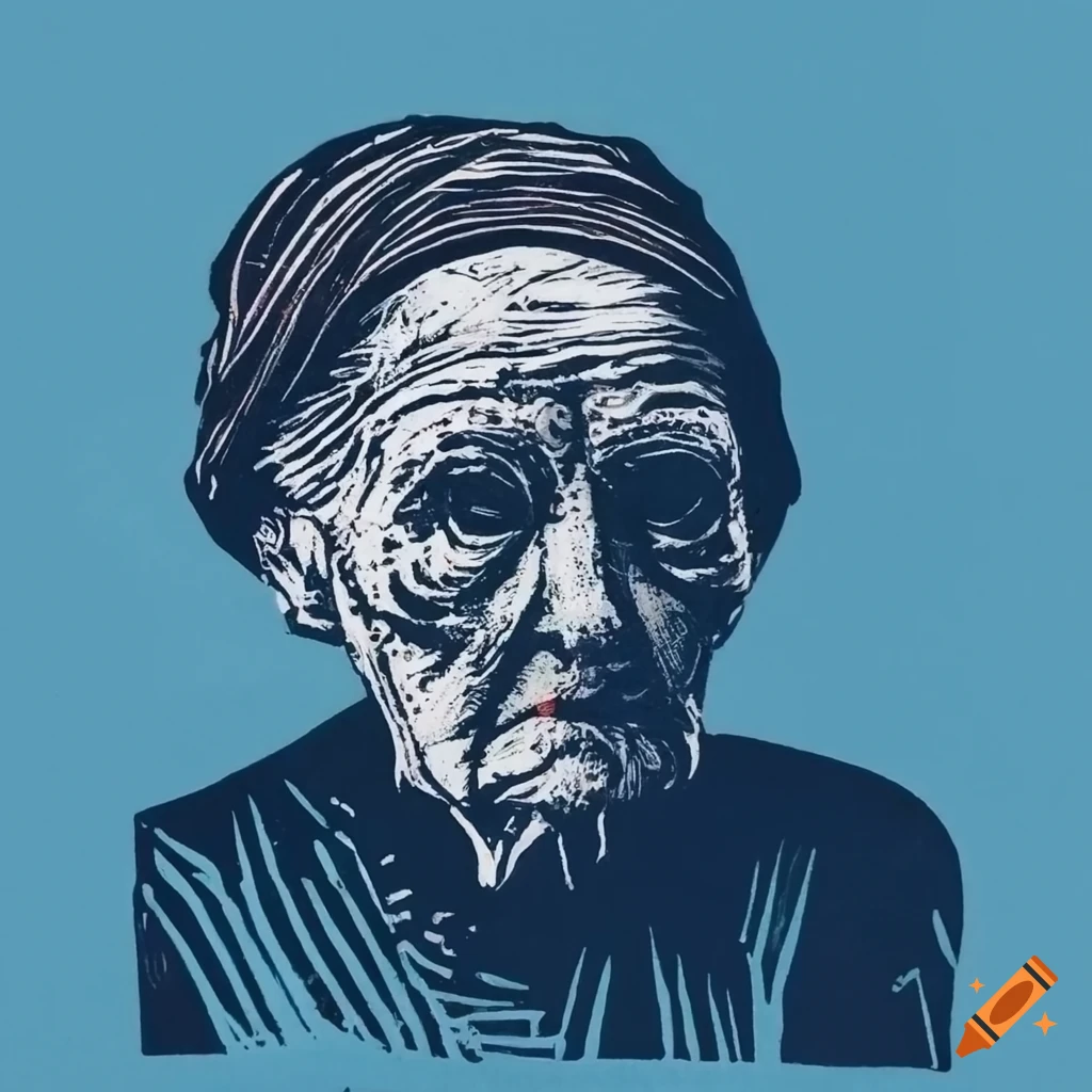 Linocut print of an old woman in front of light blue background on Craiyon