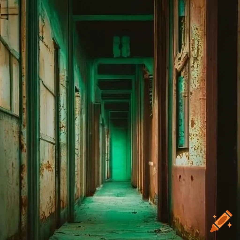 Foggy industrial rust with emerald green tiles and endless hallways on ...