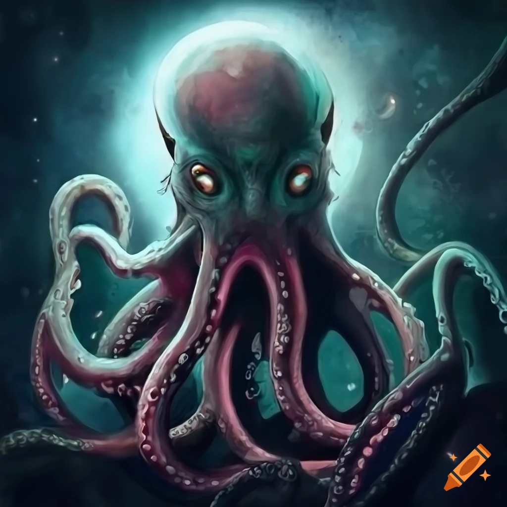 Mythical creature, octopus, and arch devil in a cosmic background on ...