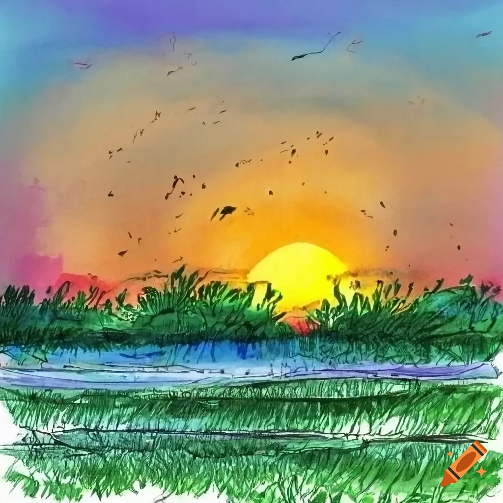 Bangladeshi horizon in january landscape color-ink drawing on Craiyon