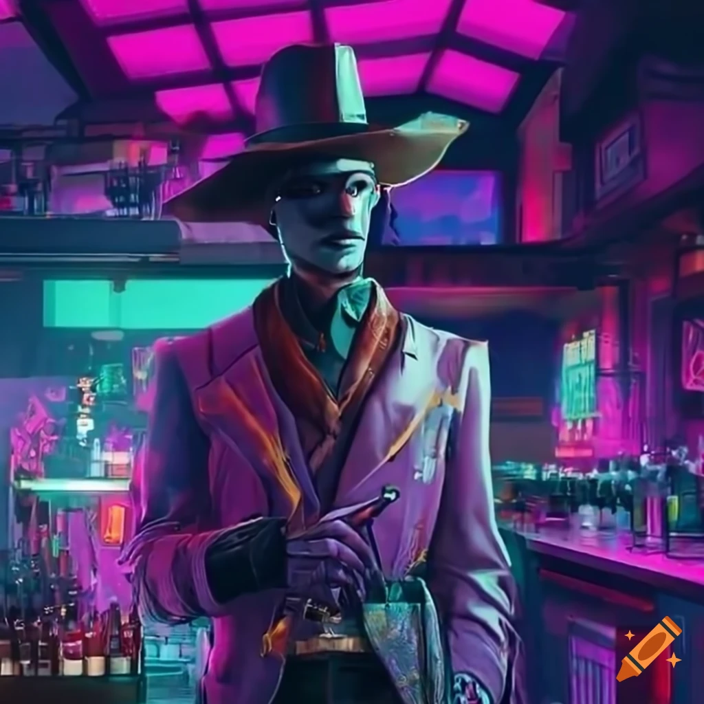 Sheriff in neo noir style walking into cyberpunk bar on Craiyon
