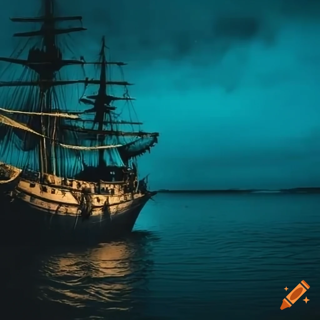 Pirate with sword and pistol on a ship at night with blue-green water ...