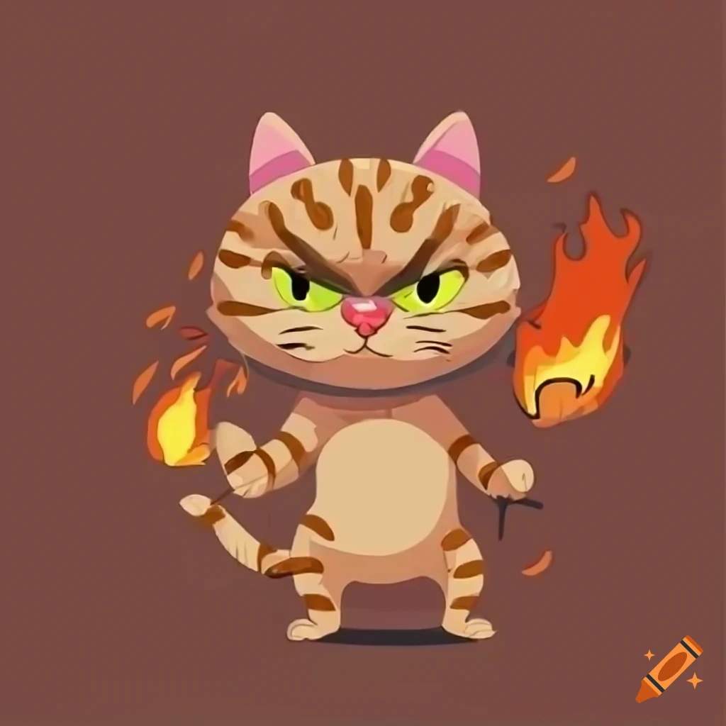 Cartoon orange tabby cat playing with fire on Craiyon