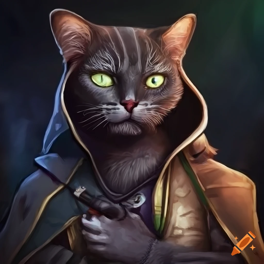 Black anthropomorphic cat fantasy rogue character with hood on Craiyon