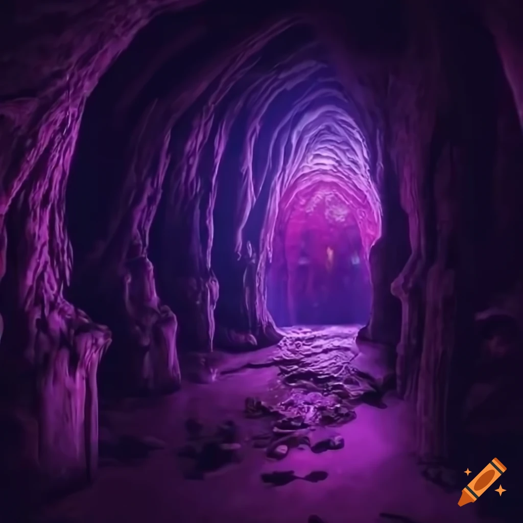 Giant dark underground cave path leading to a stonewall with spiderlike ...