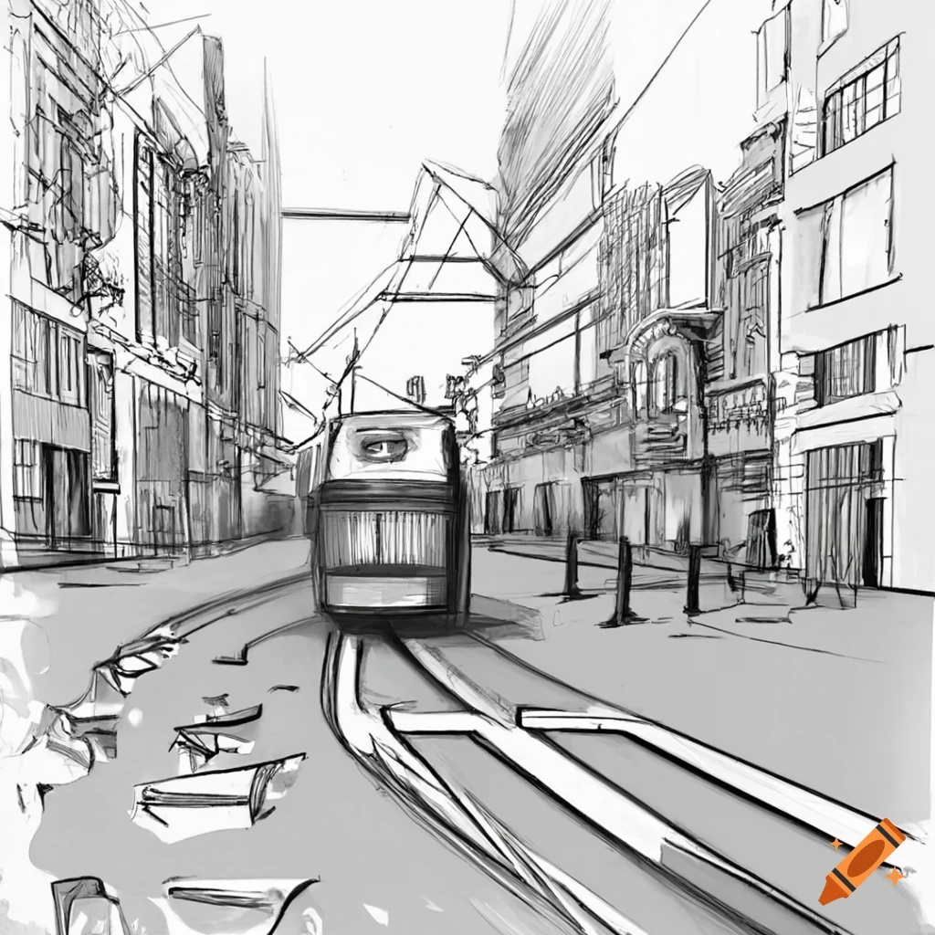 Artistic sketch of trams navigating city streets on Craiyon