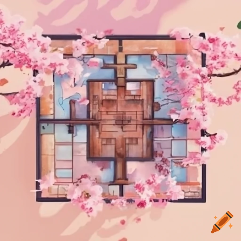 Japanese temple and cherry tree in watercolor battlemap square grid on ...