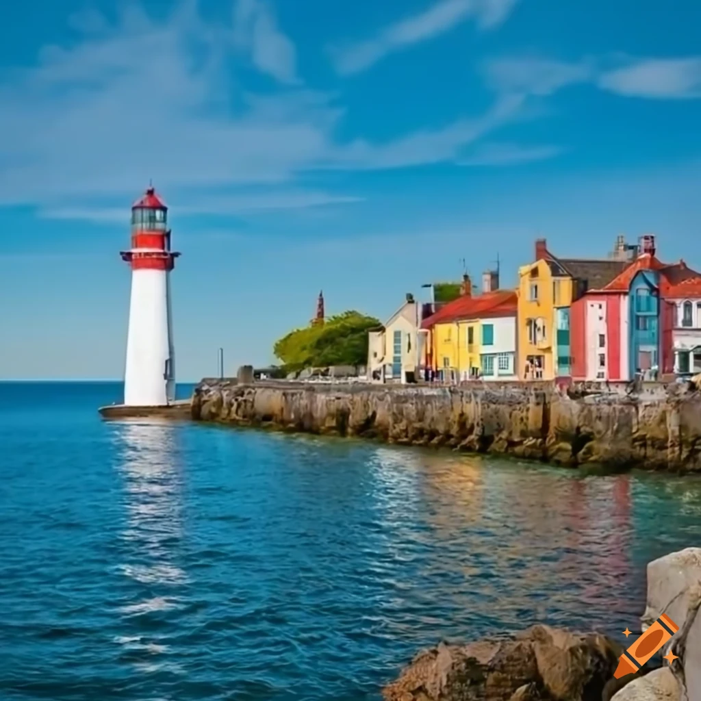 Colorful coastal town with lighthouse overlooking the ocean in 4k ...