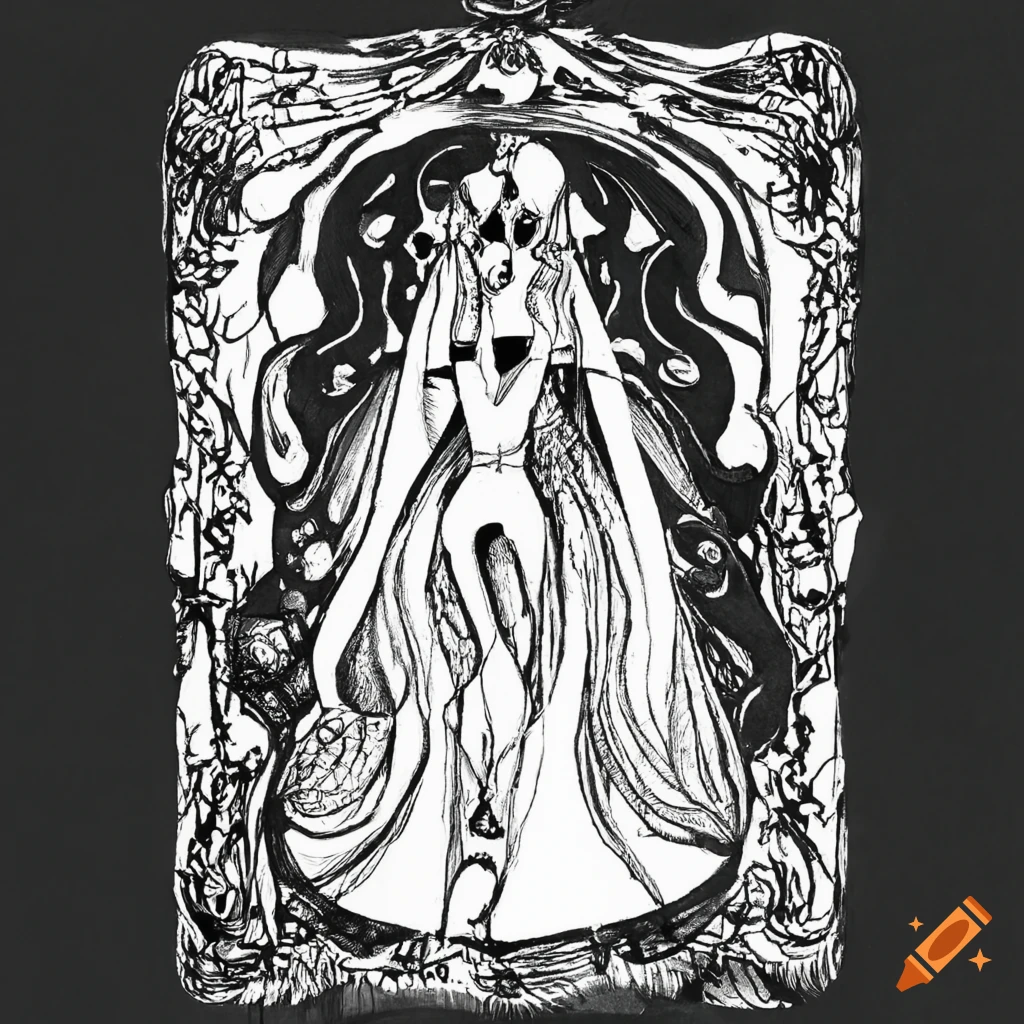 Black and white lithograph-style drawing of an elegant and malevolent ...