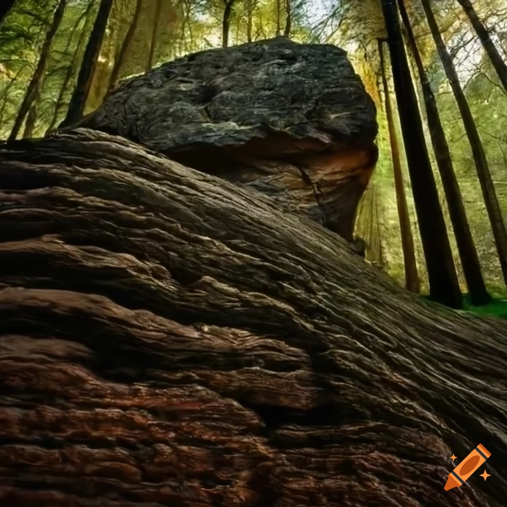 Large rock in a pine forest from a worm's eye view on Craiyon