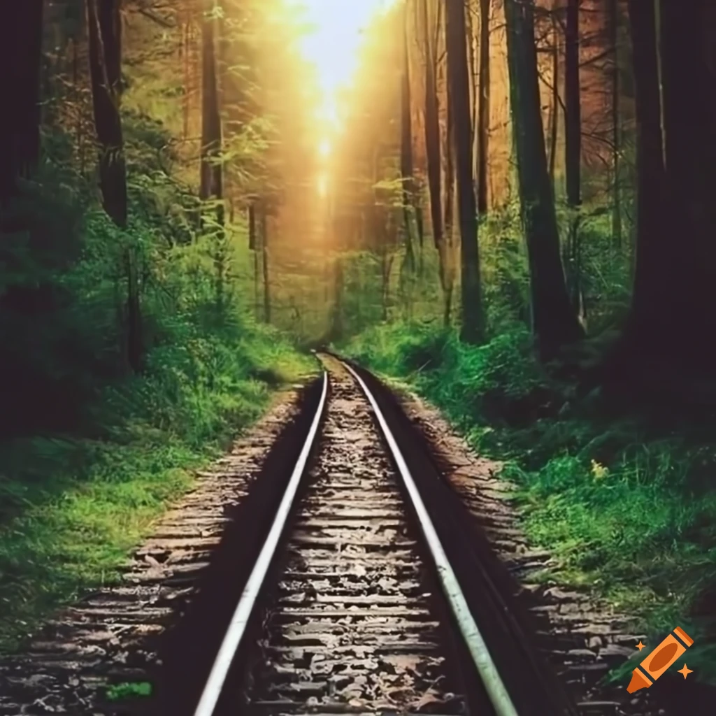 Old train tracks along a rustic forest road on Craiyon