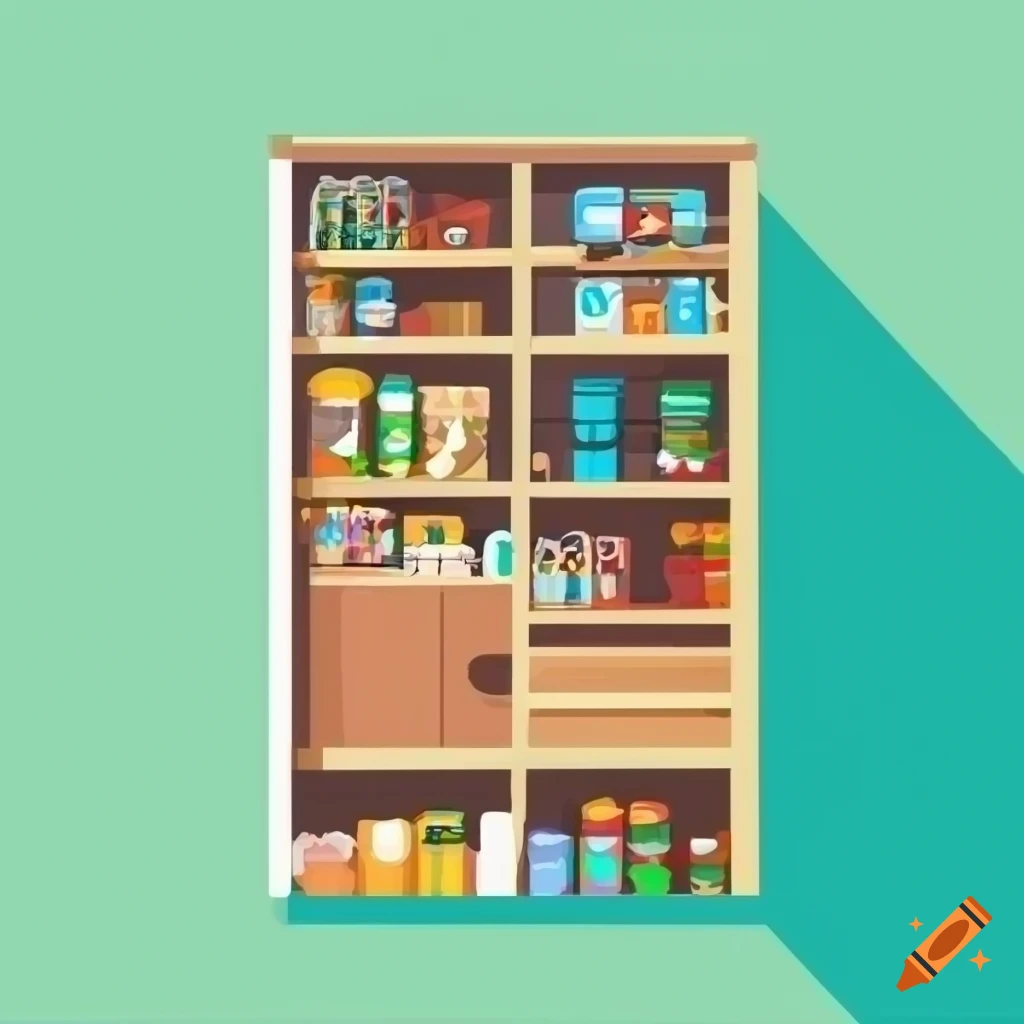 Open pantry full of pantry items in flat vector style on Craiyon