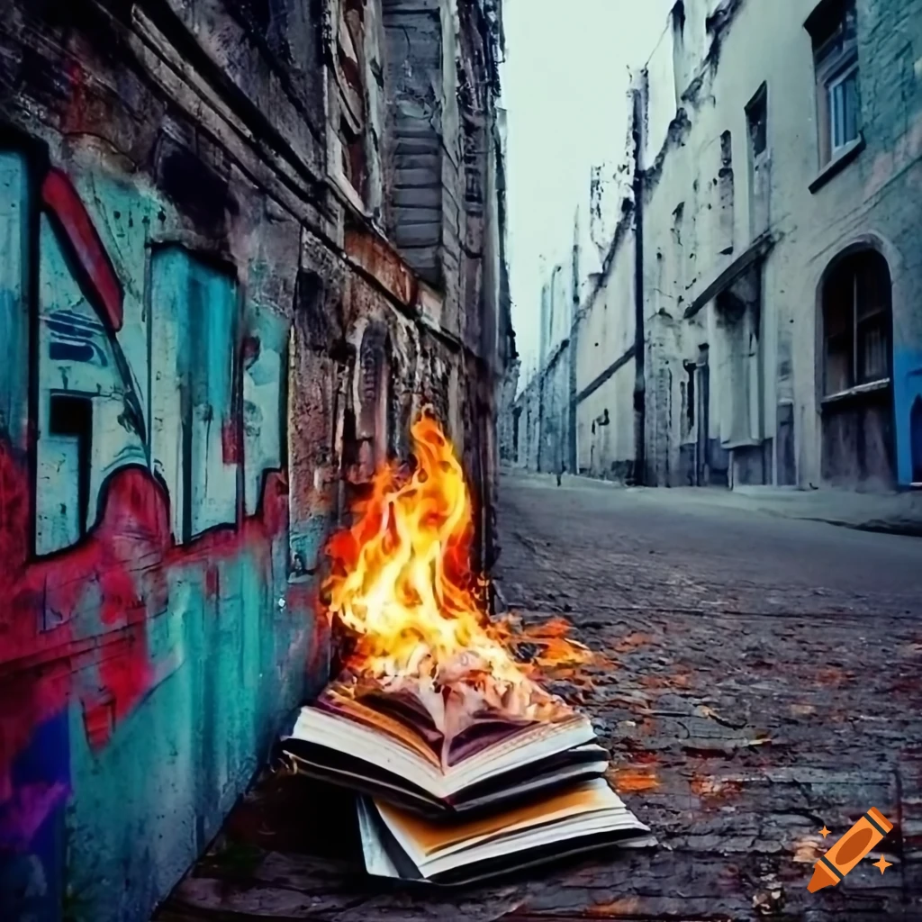 Girl burning book in graffiti-filled alley with cold colors on Craiyon