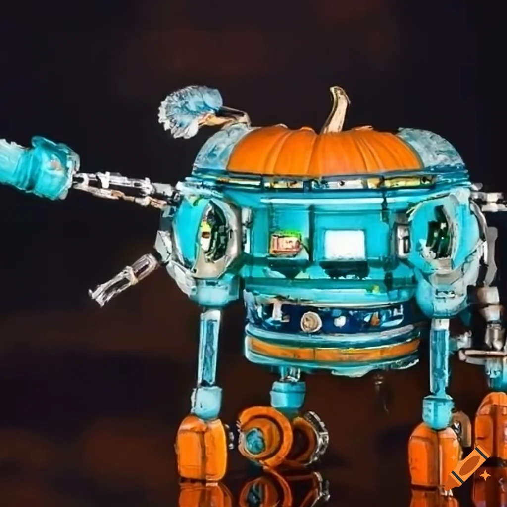 Cyan and orange Pumpkin Robotic Zord on Craiyon
