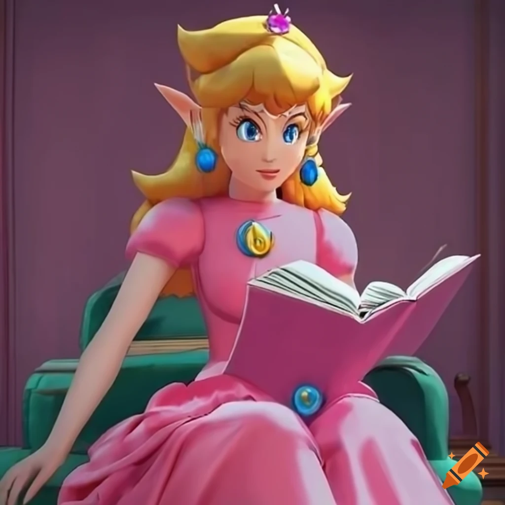 Link in princess peach's pink silk ballgown reading a book in front of ...