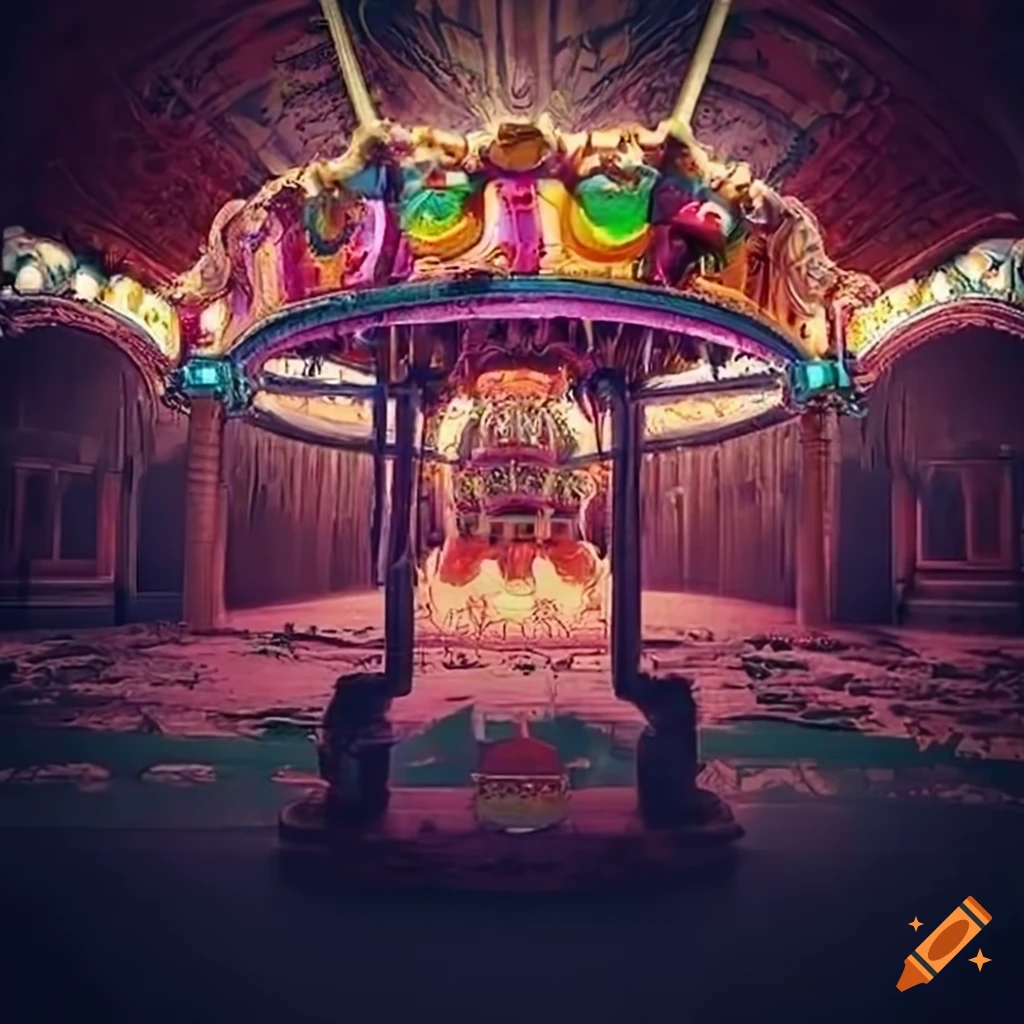 Abandoned carnival with faded remnants of vibrant rides and attractions on Craiyon