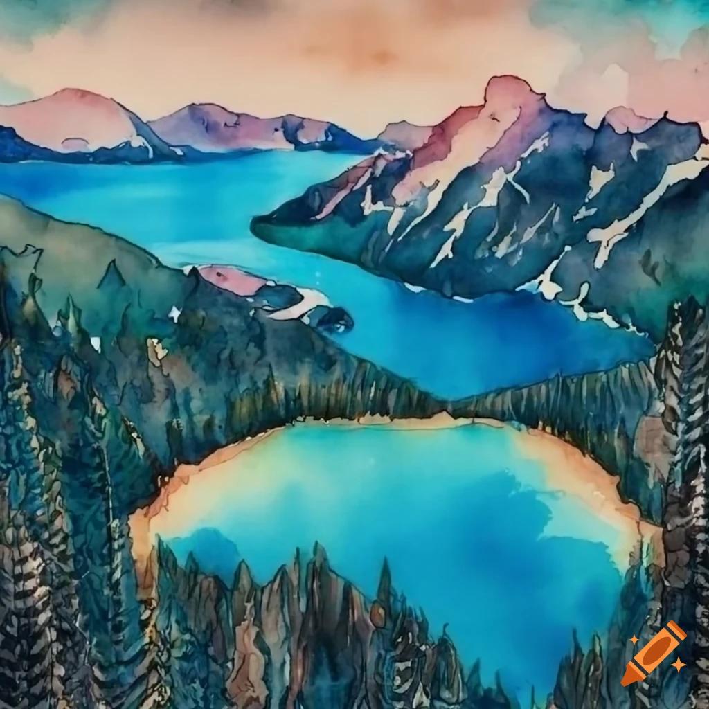 Aerial view of two serene lakes in a watercolor painting on Craiyon