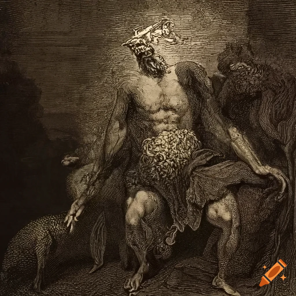 Detailed etching of Gustave Doré's illustration of the Greek god ...
