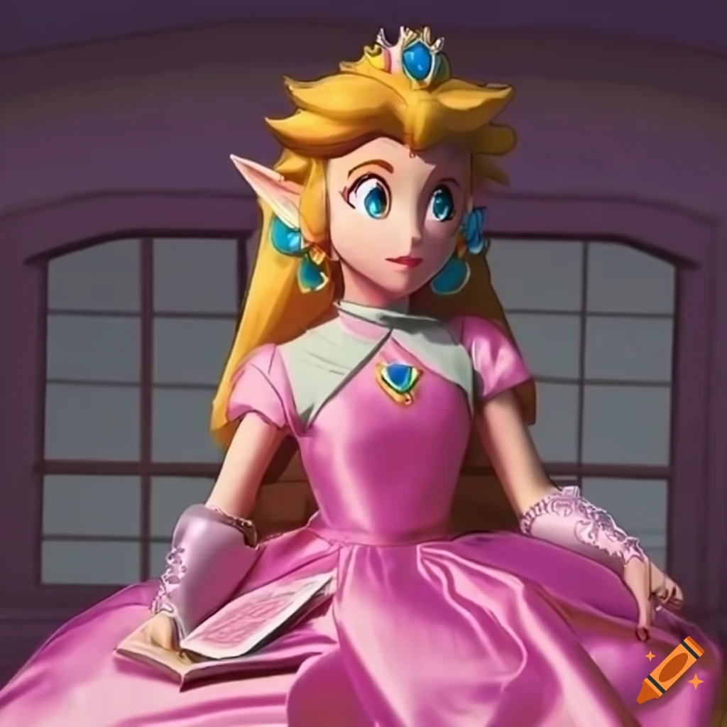 Character in princess peach's pink silk ballgown reading near arched ...