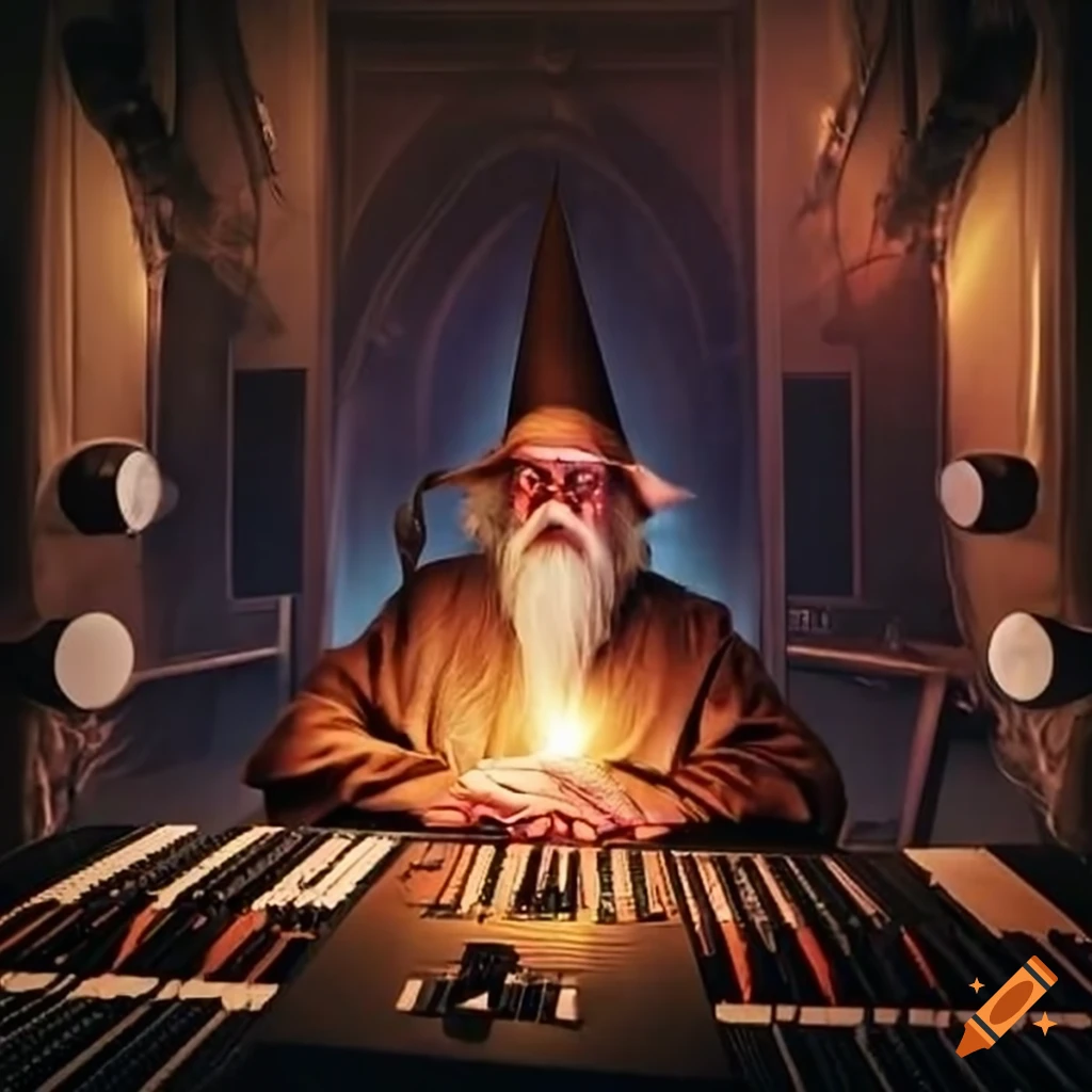 Wizard creating music in a studio on Craiyon