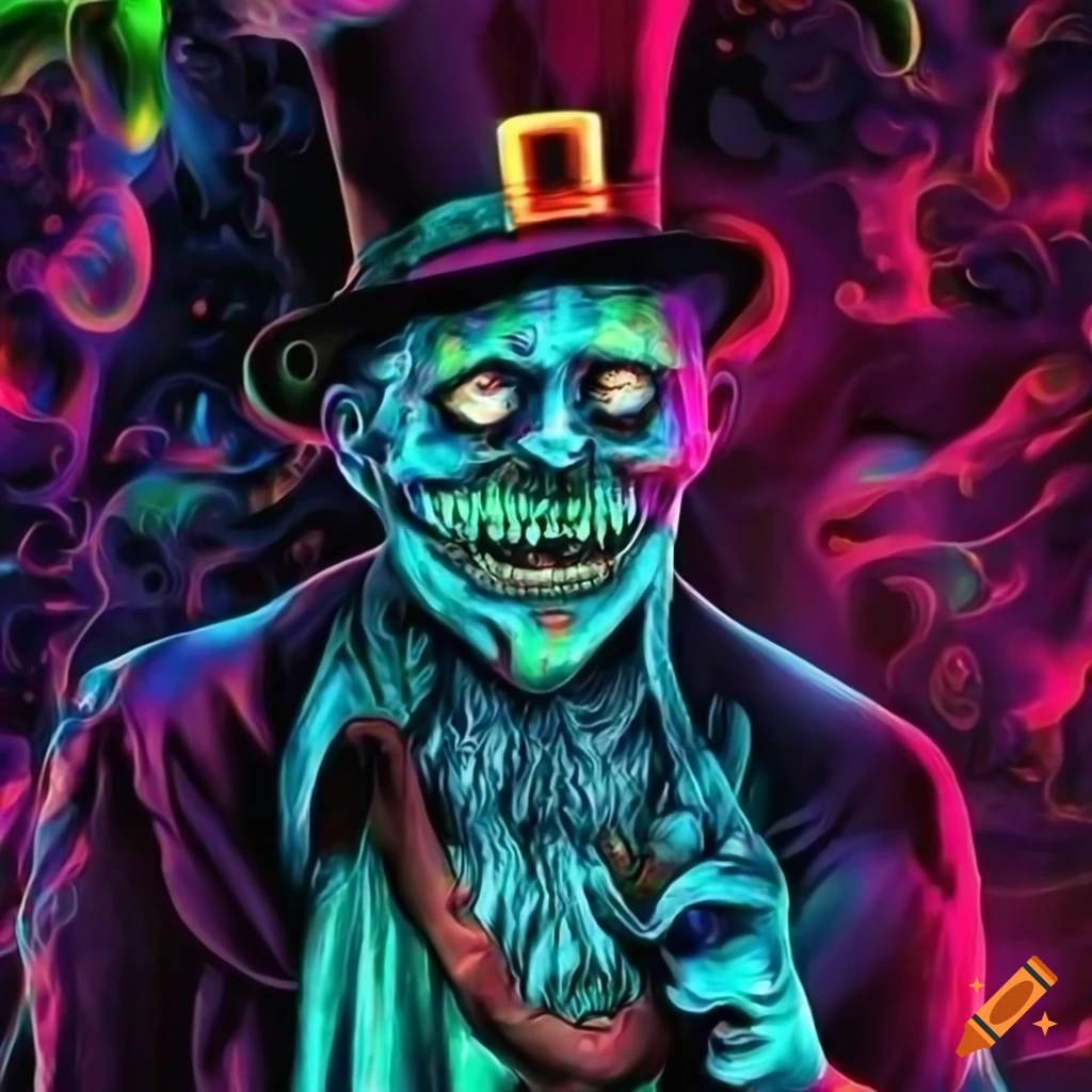 Detailed neon psychedelic illustration of a zombie leprechaun with ...