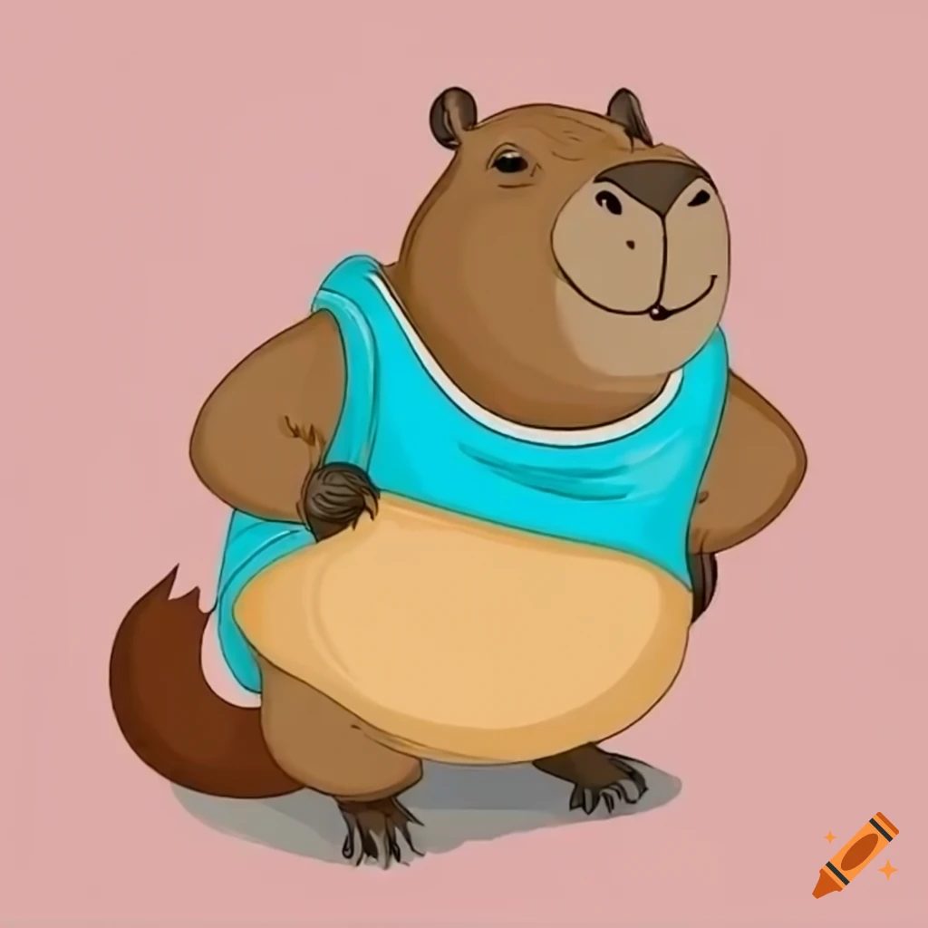 Chubby anthropomorphic capybara in a tank top and shorts on Craiyon