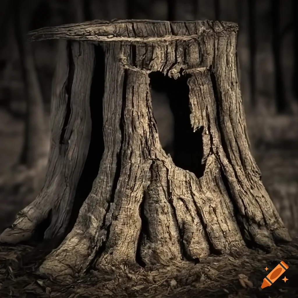 Creepy hollow tree stump in a winter setting on Craiyon