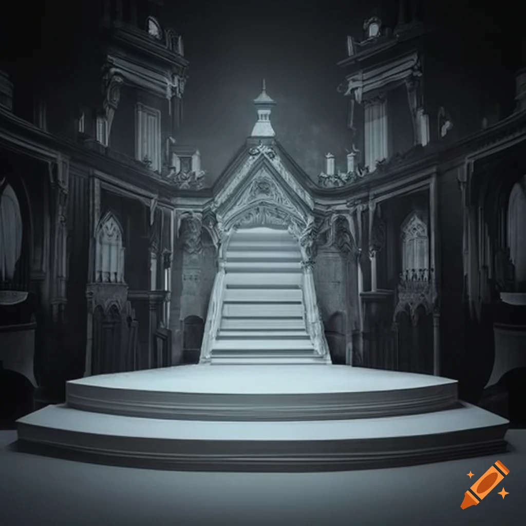 White minimalist geometric gothic theatre set design with a fairy-tale ...