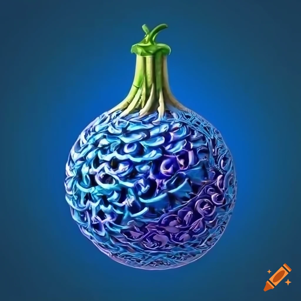 Intricate blue devil fruit with string design and swirling patterns on ...
