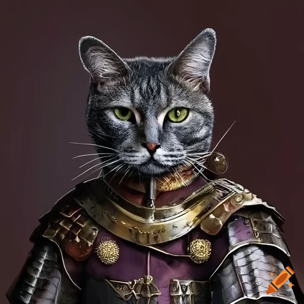 Dark grey cat wearing roman armor on Craiyon