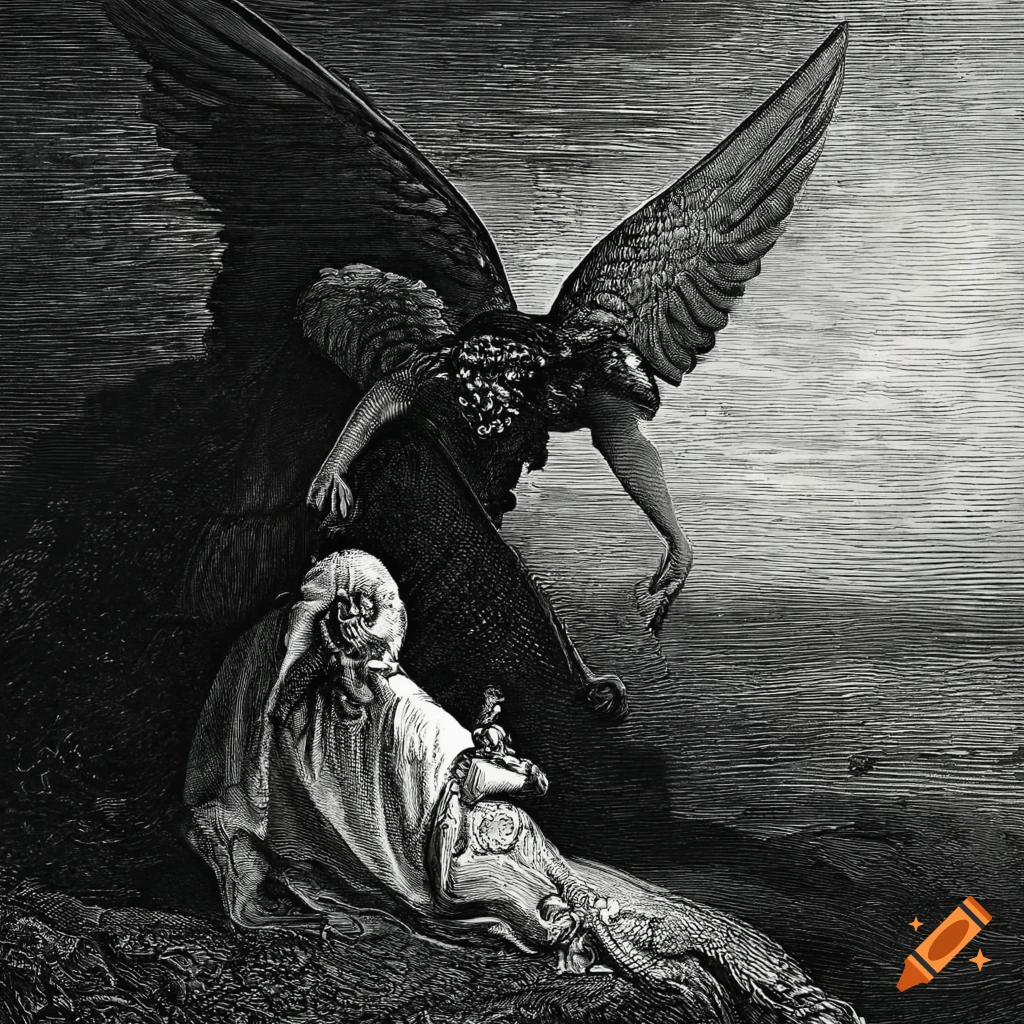 Gustave doré's flying angel with snake heads in black and white high ...